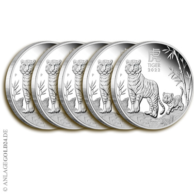 # 5er Pack 1 oz Silber Lunar III - Jahr des Tigers 2022 PP --> Goldmünzen Silbermünzen ...