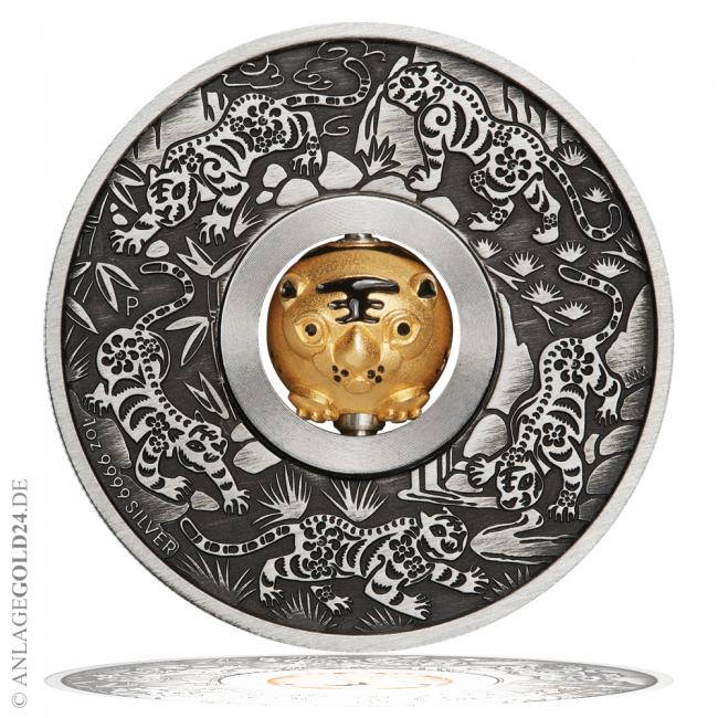 1 oz Silber Lunar III Jahr des Tigers - Rotierender Tiger 2022 Antik Finish --> Goldmünzen ...